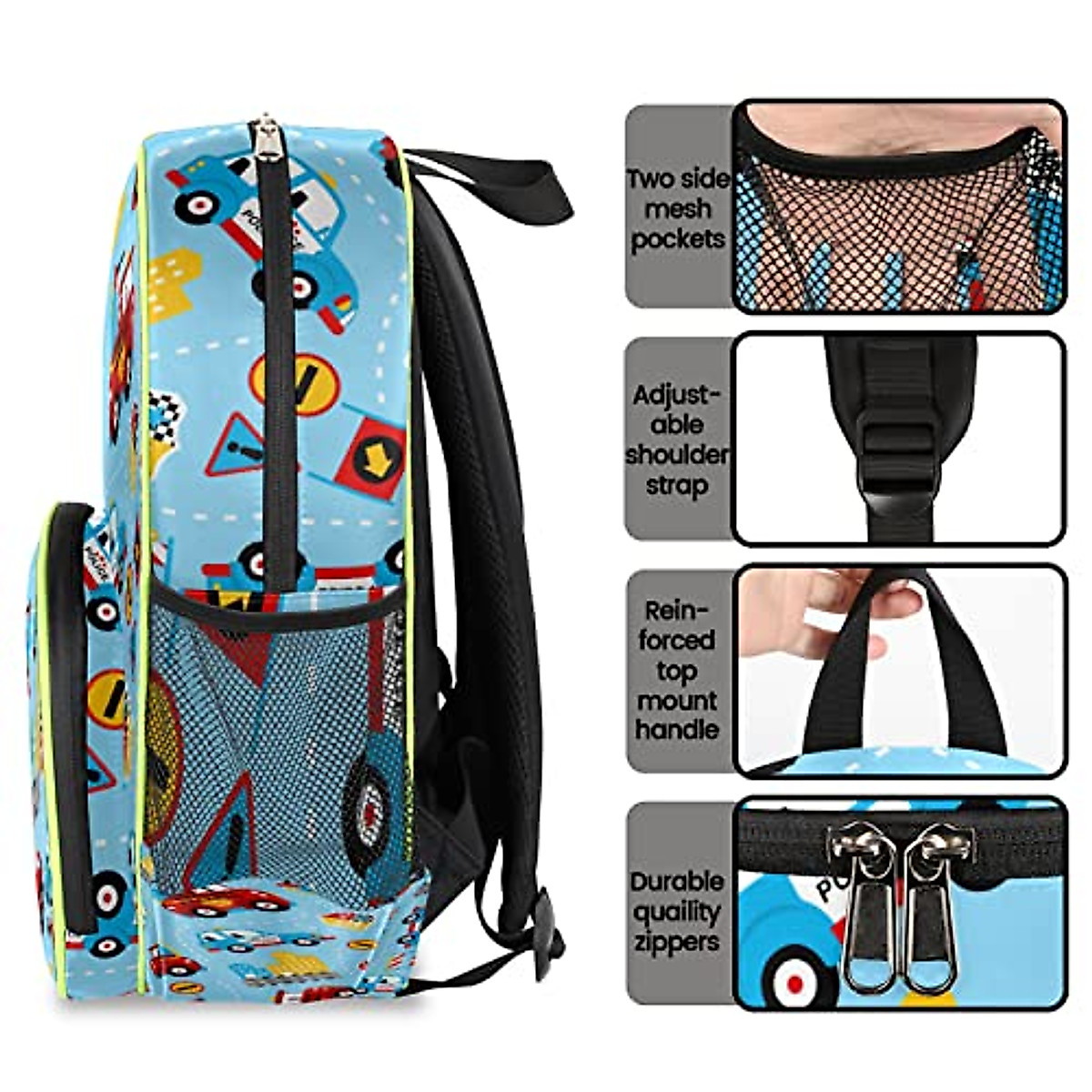 Cute Cars School Backpack, Auto Sports Cars Truck Pattern Backpack, Waterproof Bus Bookbag Lightweight Multi-Function Daypack School Bag with Chest Strap for Kids Teen Girls Boys Students