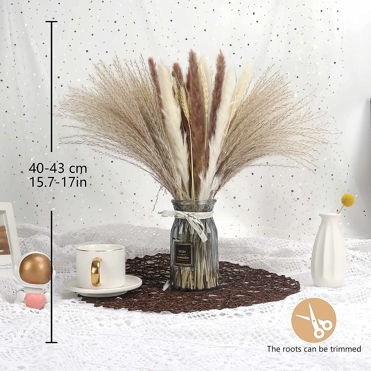 YUFFLYOW 65 pcs Natural Dried Pampas Grass,17In Pampas Grass Decor Tall Fluffy for Flower Arrangements Boho Home Decor,Pampas Grass Plants for Home Garden Wedding Party Decor, PG24