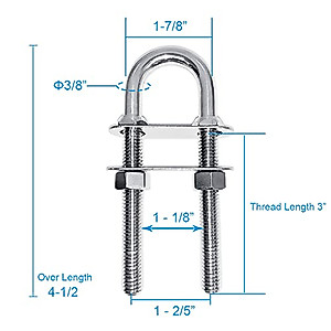 Boat U Bolt Stern Bow Eye Tie Down, Marine Stainless Steel with Hex Nuts and Washers, 4-1/2 in Overall Length, 3/8 in Stock, 3 in Thread Length (2 Pcs)