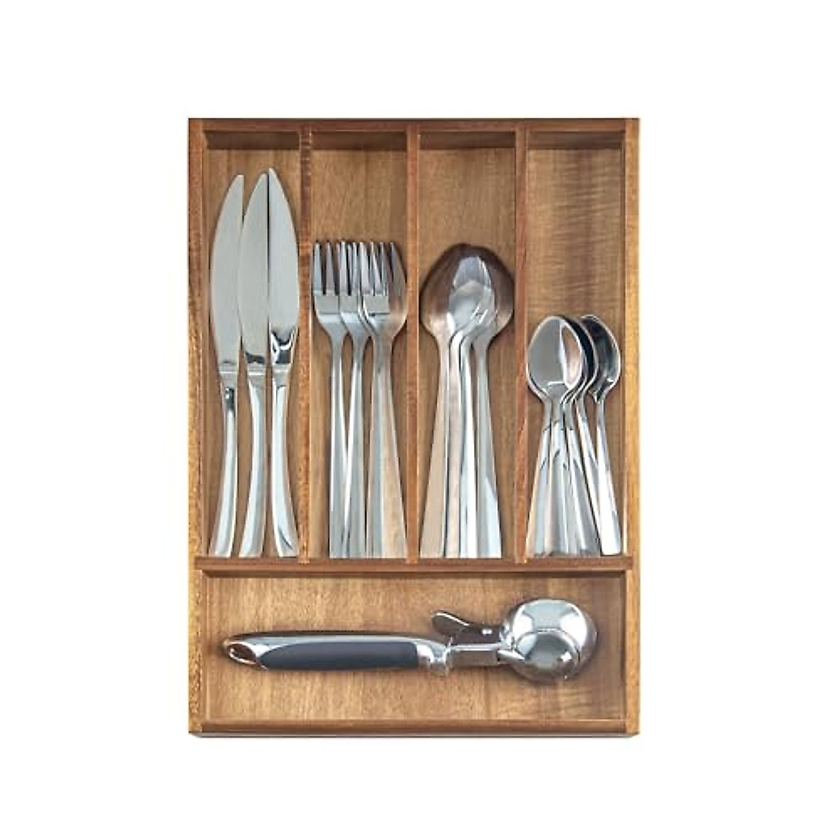 KITEISCAT Acacia Wood Silverware Organizer, Kitchen Utensil Drawer Organizer for Forks, Knives & Spoons, 5-Compartment Cutlery Tray, Flatware Holder