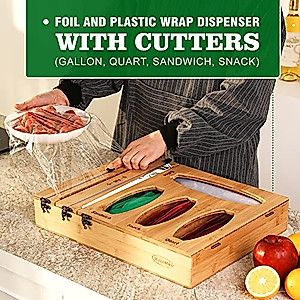 MatchWhiz Kitchen Ziplock Bag Organizer, Foil and Plastic Wrap Dispenser with Cutters. 6 IN 1 Kitchen Stamp Drawer Organizer.