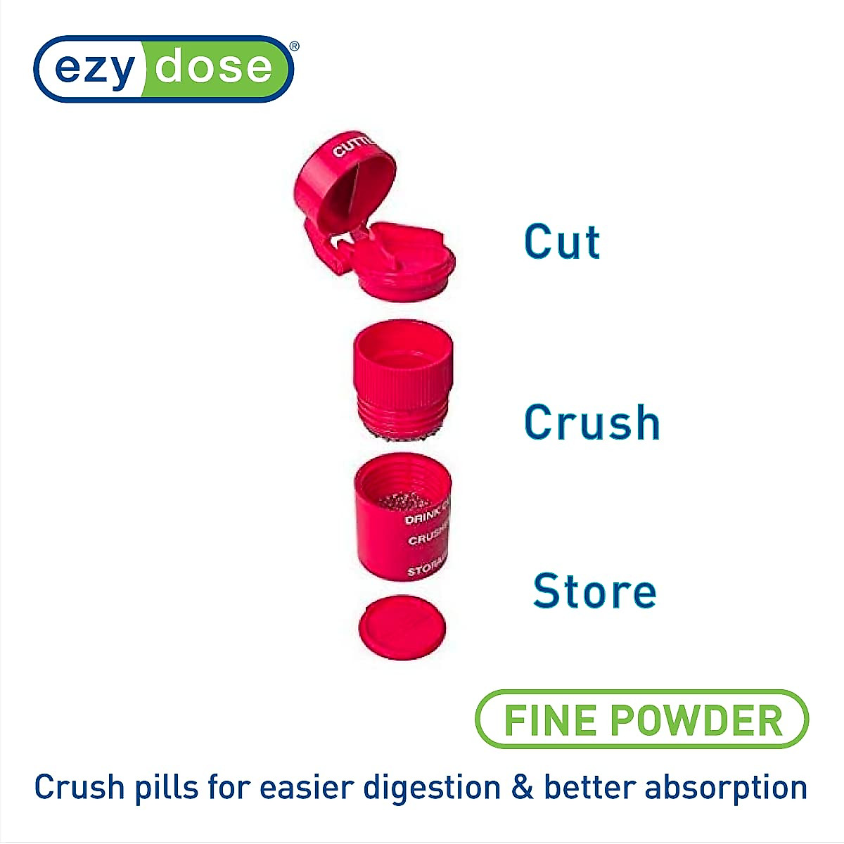 EZY DOSE 3 Compartment Pill Crusher, Cutter and Grinder, Daily Usage, Safely Cut Pills, Vitamins, Tablets, Accurate and Easy Cutting, Stainless Steel Blade, Removable Drinking Cup, Red, BPA Free
