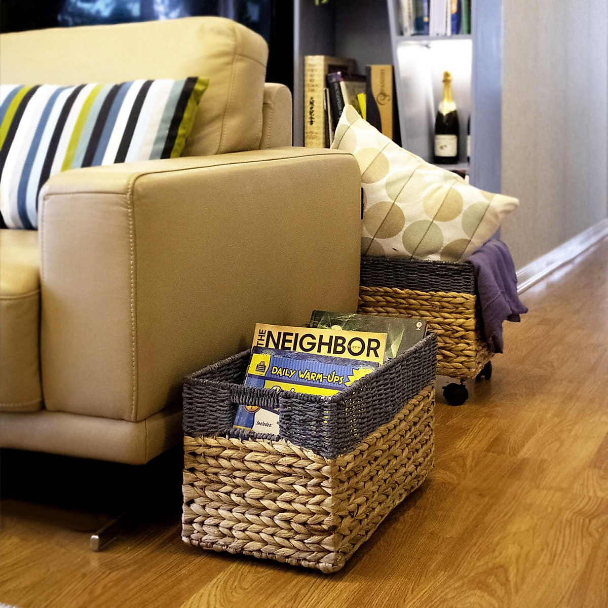 PEMAR Set 2 (different sizes nesting in a set) Natural Wicker Rolling Storage Baskets on Wheels w Insert Handle, Under Table Under Desk Storage Bins, Mobile File Cabinet Organiser. Water Hyacinth