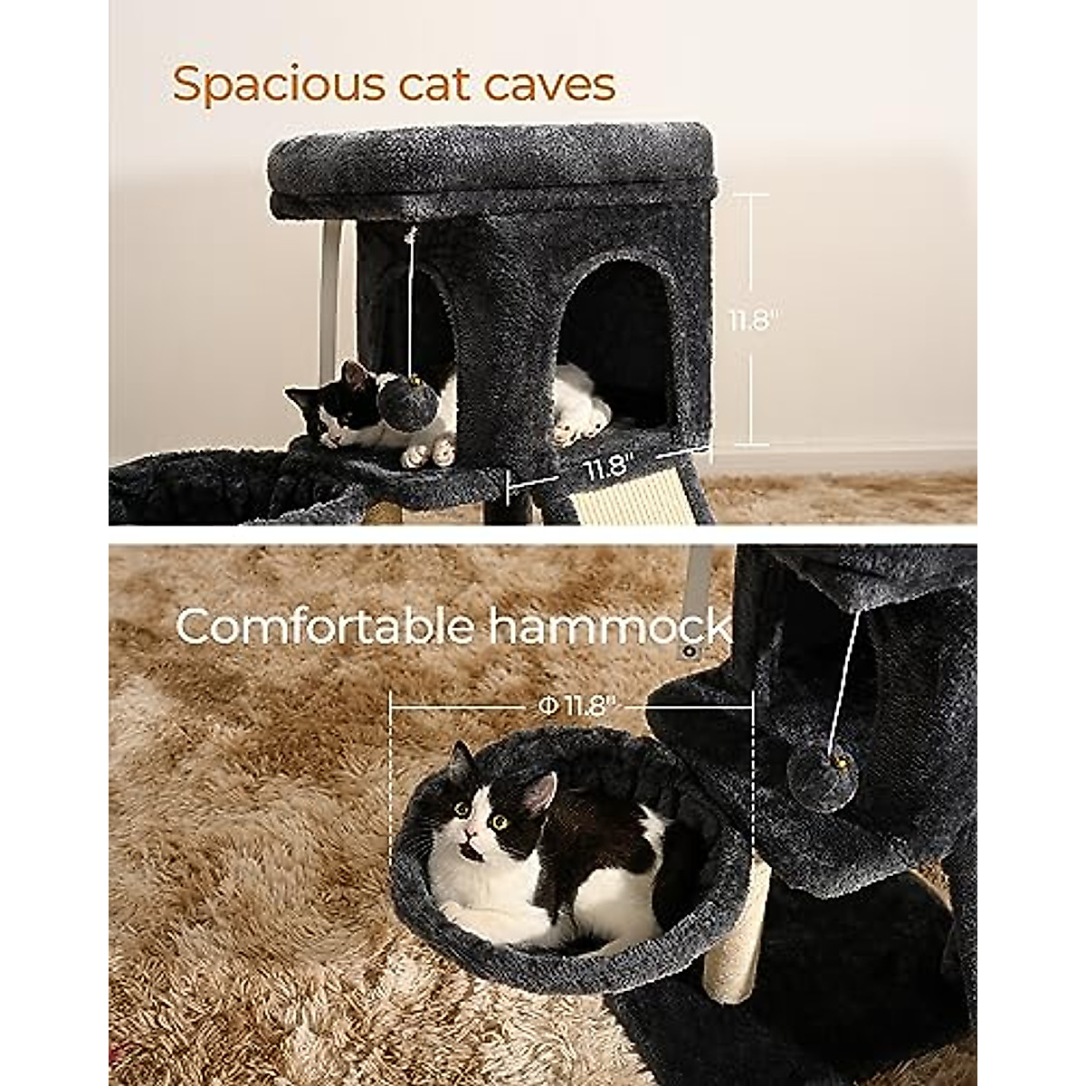 FourFurPets Cat Tree, 27in Cat Tower, Cat Condo for Kittens, Large Cat Perch, Cat Caves, Cat Basket, Sisal Scratching Board, Smoky Gray