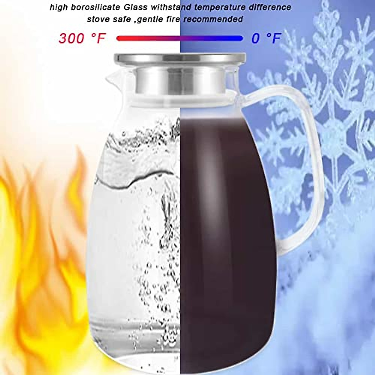 Bunhut Glass Pitcher with Lid,68 oz Water Pitcher for Hot Cold Drinks,Glass Water Pitcher with Insulated Handle,Large Glass Water Jar Made of High Borosilicate Glass,Easy to Clean