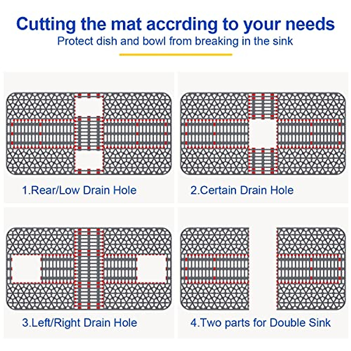 Sink Mats for Bottom of Kitchen Sink, KOCWELL Non-Slip Kitchen Sink Mats,Sink Protectors for Kitchen Sink,Silicone Sink Mat Protector With Cuttable Drain Holes, Grey Sink Mat Grid Accessory 26''×13''