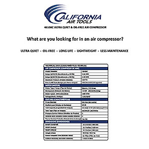 California Air Tools CAT-4610AC Ultra Quiet & Oil-Free 1.0 hp 4.6 gallon Aluminum Twin Tank Electric Portable Air Compressor, Silver