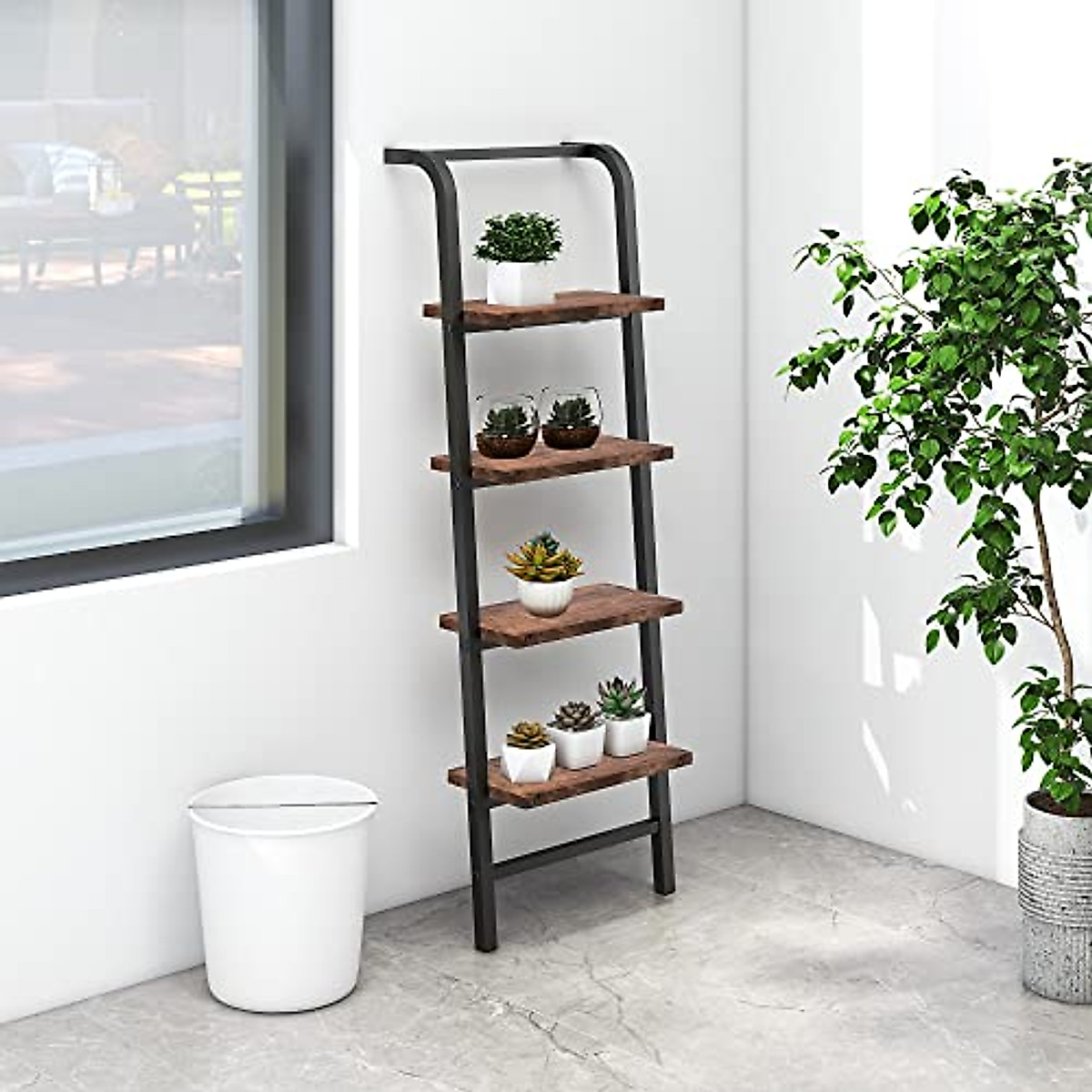 VERFARM 4-Tier Modern Ladder Shelf, Open Wall-Mounted Bookshelf with Stable Metal Frame, Storage Rack Shelves, Stand Bookcase for Home Office, Bedroom and Living Room, Black, Rustic Brown
