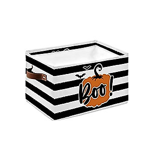 Halloween Storage Basket Waterproof Cube Storage Bin Organizer with Handles, Orange Pumpkin Bat Black White Striped Collapsible Storage Cubes Bins for Clothes Books Toys 15"x11"x9.5"