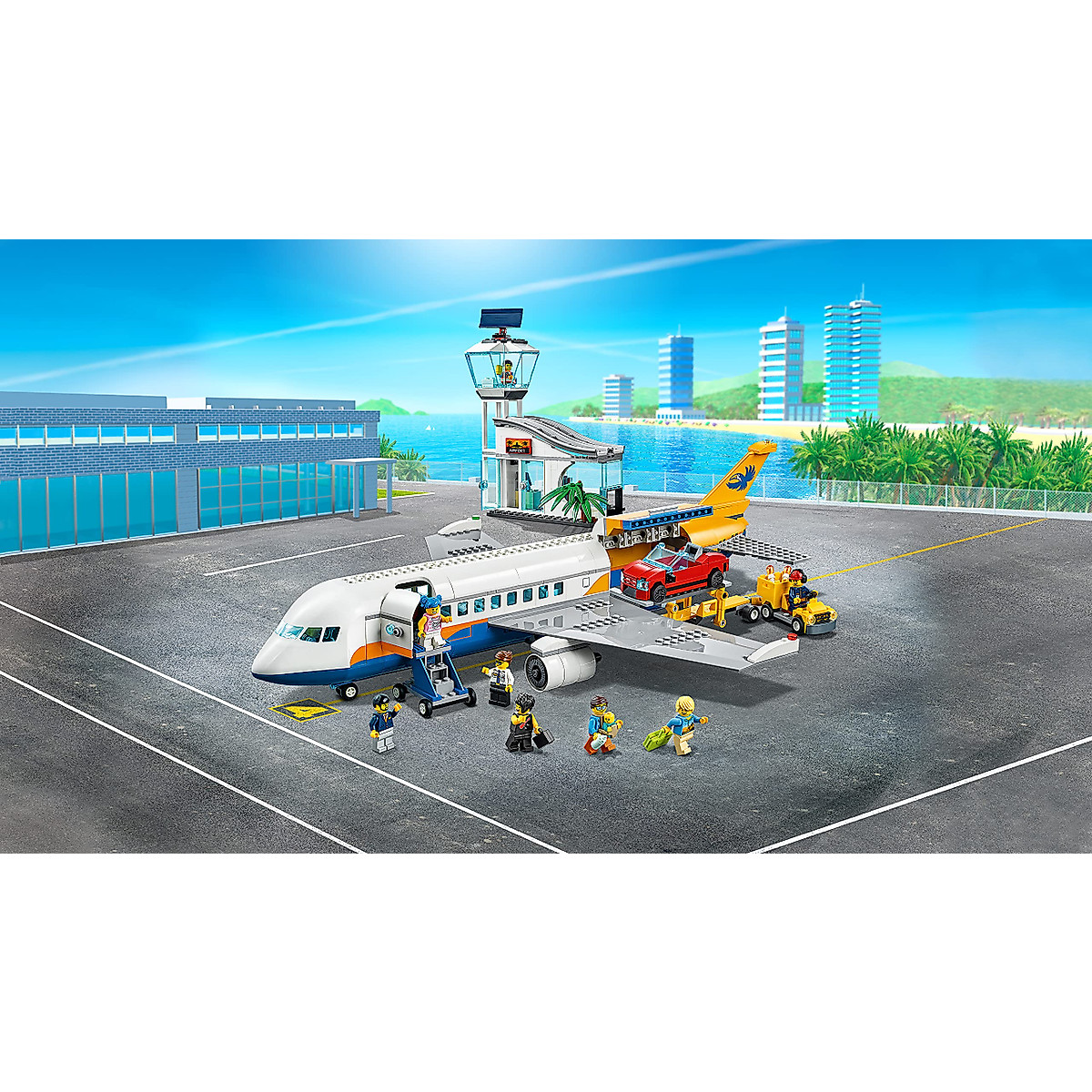 LEGO City Passenger Airplane 60262, with Radar Tower, Airport Truck with a Car Elevator, Red Convertible, 4 Passenger and 4 Airport Staff Minifigures, Plus a Baby Figure (669 Pieces)