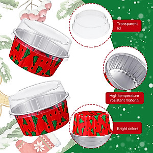 Umigy 100 Pcs Christmas Aluminum Foil Baking Cups with Lids 4.3oz Baking Liner Cups Xmas Disposable Ramekins Muffin Tins Cupcake Baking Pan Foil Cupcake Containers for Christmas Party (Christmas Tree)