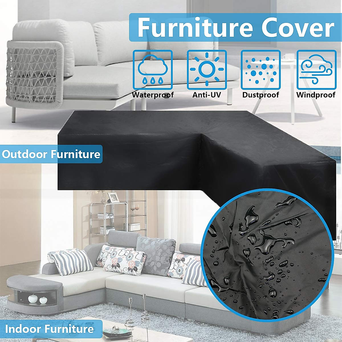 Mayhour Patio Furniture Outdoor Heavy Duty Waterproof Clearence V Shape Corner Sofa Cover Dustproof Windproof Anti-UV Sectional Couch Cover Black with Hem Cord ExtraLarge,84.5x84.5inch