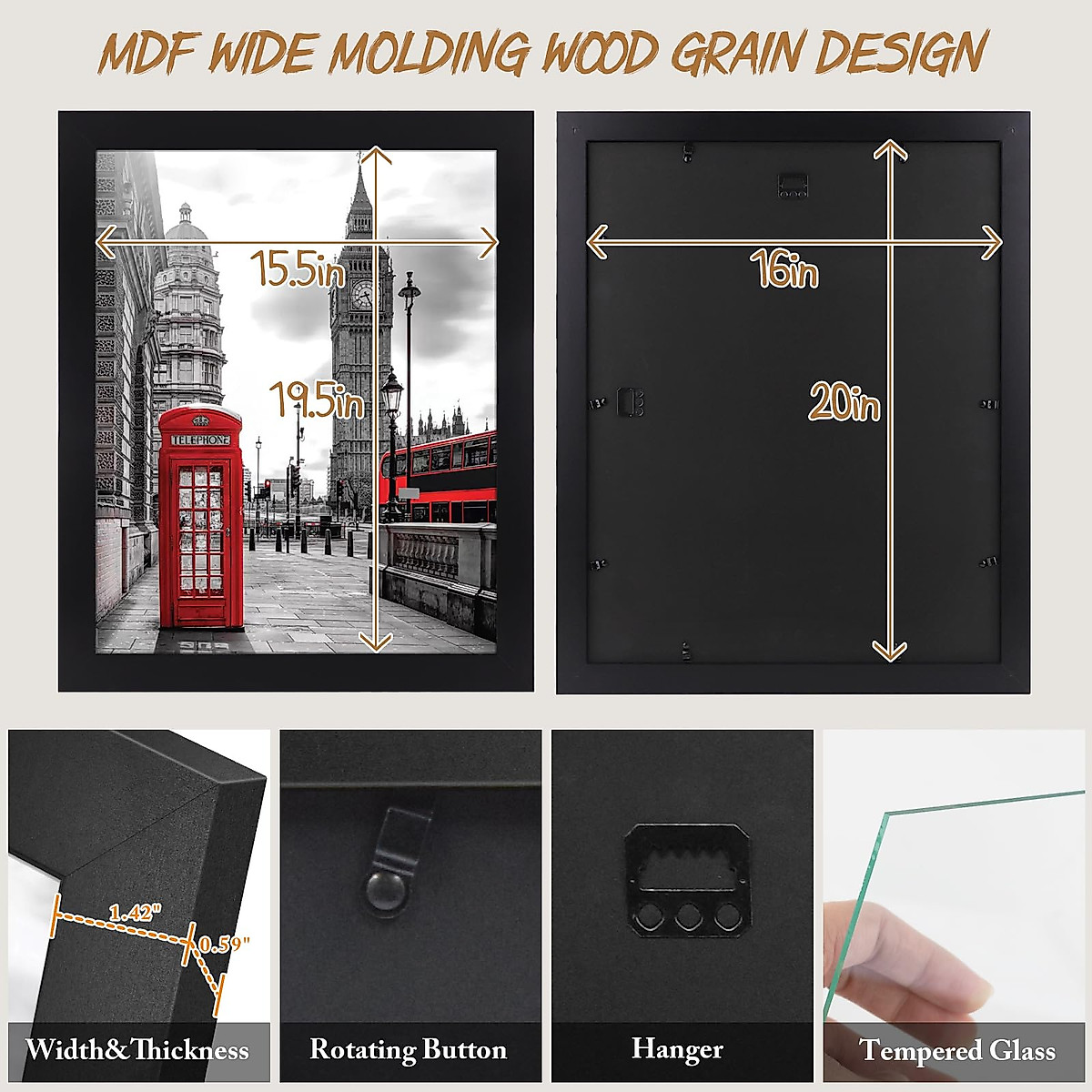 Golden State Art, 16x20 Picture Frame - Wide Molding - Wood Grain Rustic Style - Great for Displaying Pictures, Puzzle, Poster, Artwork (Black, 2 Pack)