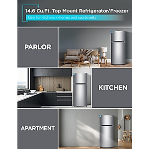 BLACK+DECKER 14.6 Cu. Ft. Top Mount Refrigerator with Freezer, 2 Door Refrigerator with Top Freezer and Adjustable Temperature Control, ENERGY STAR, BR1460HS, Stainless Steel Look