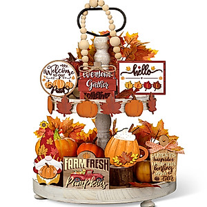 Set of 15 Fall Tiered Tray Decor Pumpkins Farmhouse Decor Autumn Maple Leaf Table Centerpieces Thanksgiving Harvest Wood Blocks Signs for Home Decor(Bright Style)