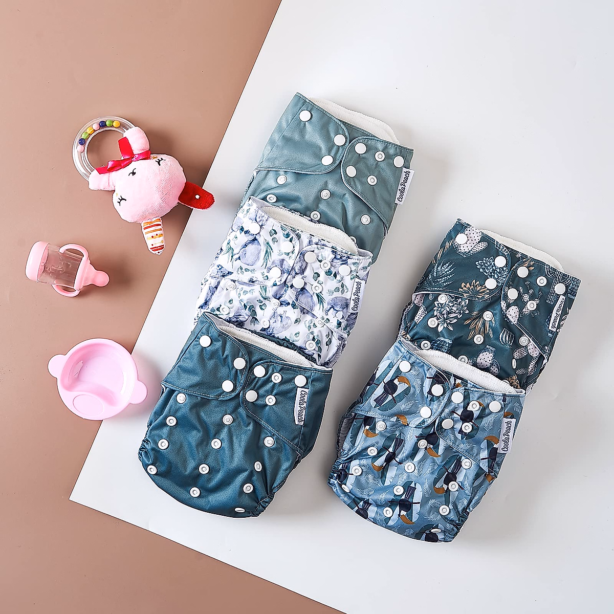 CoolaPeach Baby Cloth Diapers Washable Reusable Diapers for Baby Boys, One Size Adjustable Pocket Nappy Covers 5 Pack+ 5pcs Microfiber Inserts+ One Waterproof Bag