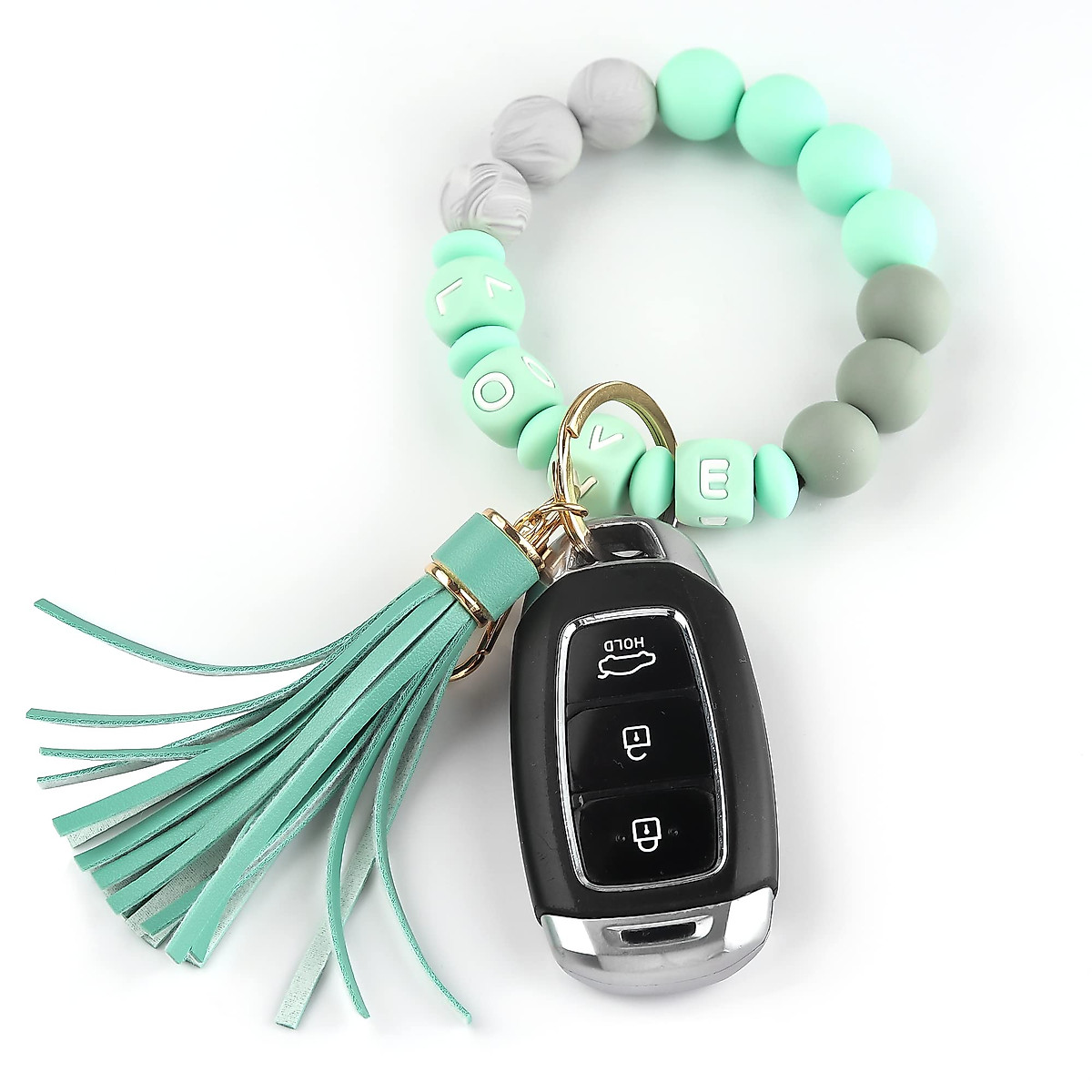 Junecarp LOVE Fringe Key Chain,Silicone Beaded Bracelet Keychain for Women Car Keys Home Keyring (Green-LOVE)