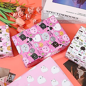 Dtiafu Cat Wrapping Paper for Girls Kids Women - 12 Sheets Pink White Gift Wrap with Cat Fish Patterns for Birthday Baby Shower Cat Party - 20 x 28inch Per Sheet