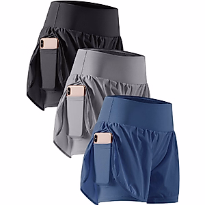 CADMUS 2 in 1 Women's Workout Shorts Athletic Gym Running Shorts for Women Sport Pro Shorts with Phone Pockets,3 Pack, Black & Gray & Navy Blue, Medium