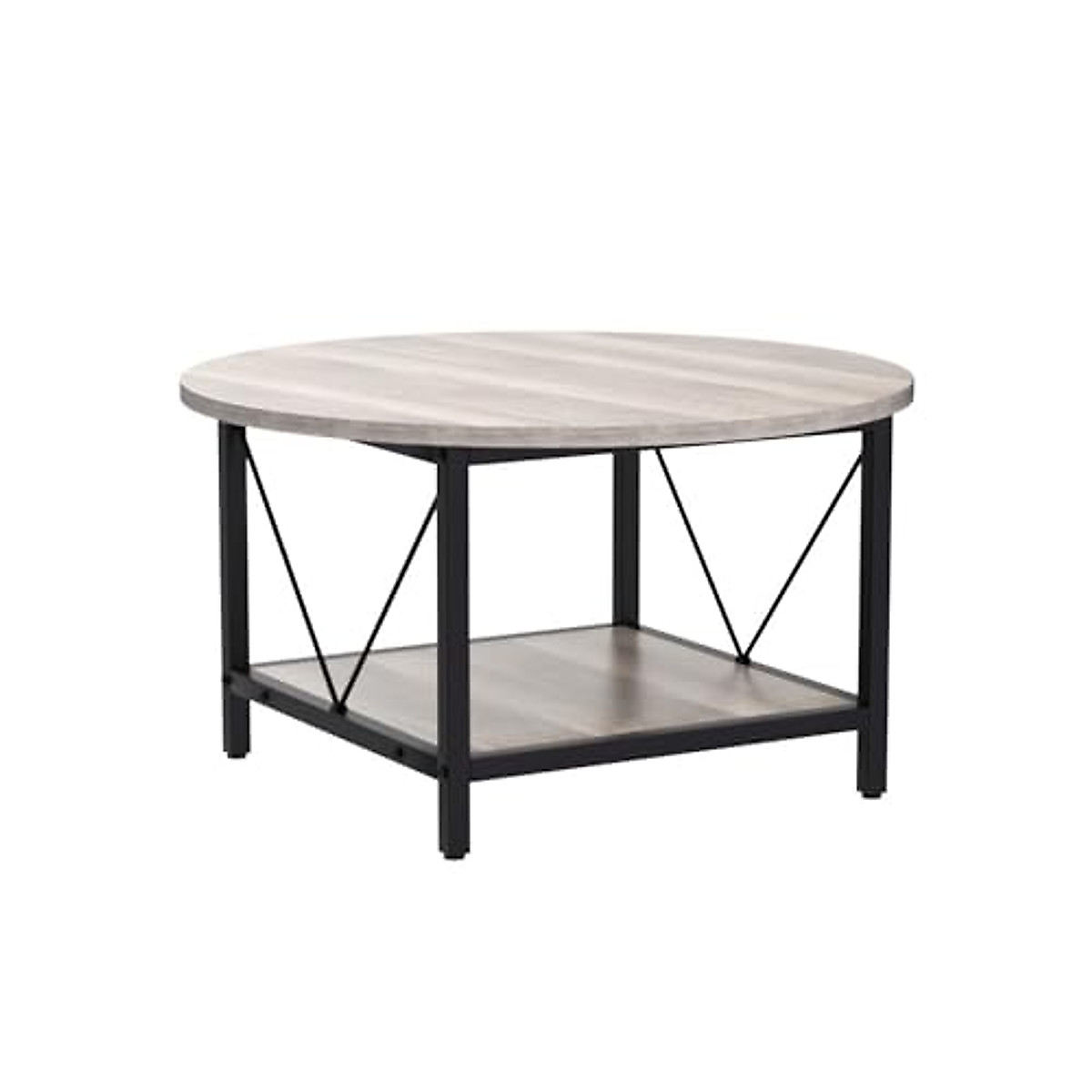 YITAHOME Round Coffee Table,Wood Coffee Table for Living Room,2-Tier Rustic Farmhouse Circle Coffee Table with Sturdy Metal Legs Storage Shelf,Grey Wash
