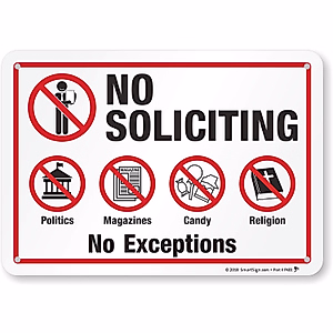 SmartSign 7" x 10" 'No Soliciting - No Exceptions Politics Magazines No Candy No Religion' Metal Sign, 40 mil Aluminum 3M Laminated Engineer Grade Reflective, Red, Black and White, USA-Made