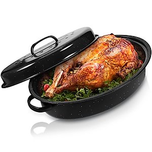 Tessco Roasting Pan 14.5 Inch Enamel Oval Turkey Roasting Pan with Lid 4.8 Quart Non Sticky Safe Spot Black Roaster Pot for Thanksgiving Gift Baking Turkey Cookware