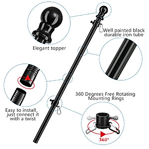 Barcetine American Flag Poles for Outside House - 5ft Tangle Free Flag Pole for House with Holder Bracket,Residential Flagpole Kit for Outdoor Porch Garage Boat Truck - Black