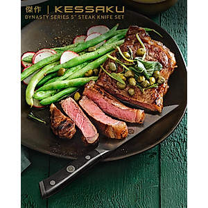 KESSAKU 5-Inch Steak Knife 4 Pack Set - Dynasty Series - Forged ThyssenKrupp German HC Steel - G10 Handle with Blade Guards