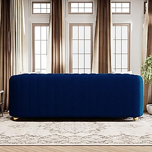 yunqishi KEAI 83.46" Velvet Couch for Living Room Large Modern Sofa with Gold Metal Sphere Legs Office Upholstered Comfy 3 Seater Couches Cute Sherpa Bedroom Furniture (Blue)