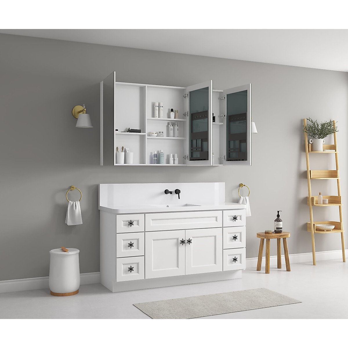 THNIKRE 60"x36" Bathroom Medicine Cabinet with Mirror, Wall Cabinet with 3X Adjustable Height & Angle Magnifier, Behind Door Storage, Wooden Storage Shelves, HD Shatter-Proof Mirror