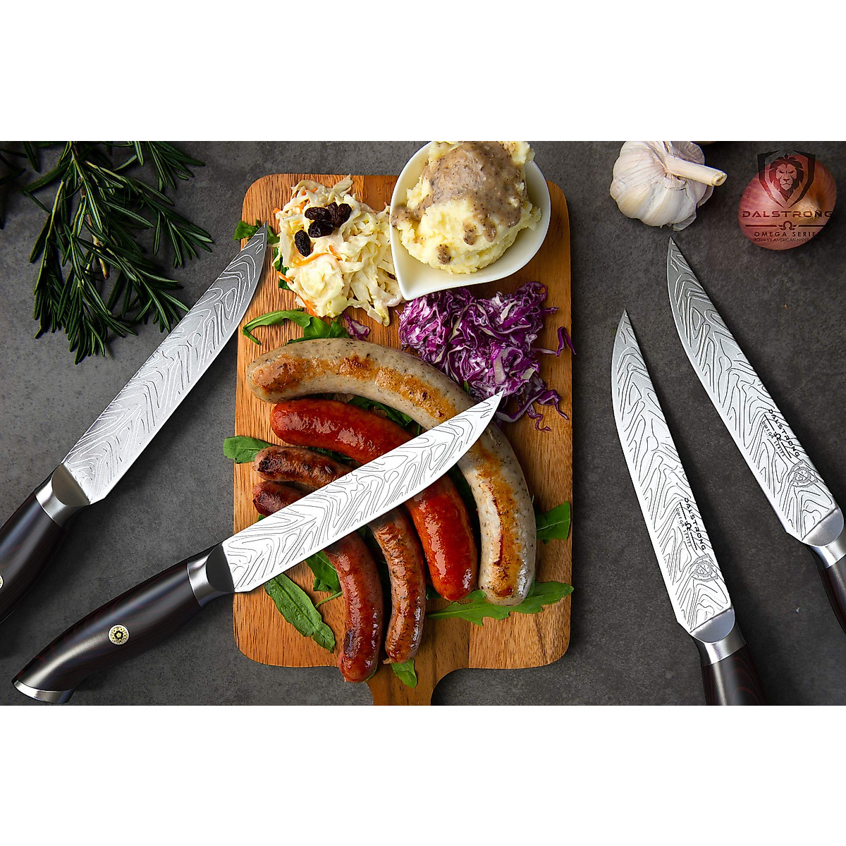 Dalstrong Steak Knife Set - 4 Piece - 5 inch Blade - Omega Series - BD1N-V Hyper Steel Kitchen Knife - G10 Woven Fiberglass Handle - Razor Sharp Knife - Leather Sheath Included