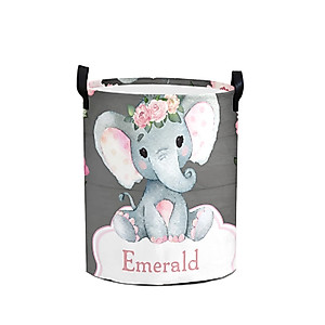Custom Watercolor Pink Flower Elephant Storage Basket with Handles Personalized Name Waterproof Collapsible Laundry Baskets for Clothes