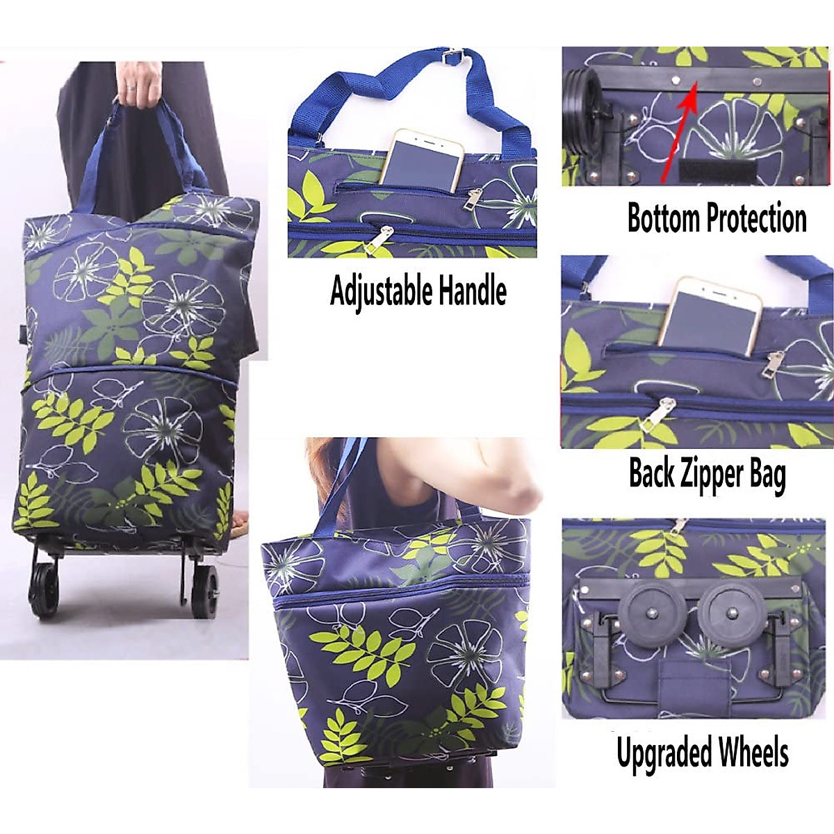 Cowinbest Upgrade Shopping Bag with Wheels Portable Trolley Bags Grocery Cart Hand Pulling Utility with Hand Straps Folding Shopping Cart(B0BB1BK2BY)