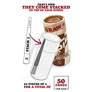 RAW Cones Organic 1-1/4 Size | 50 Pack | Pre Rolled Rolling Paper with Tips & Packing Tubes Included
