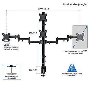 suptek Quad LED LCD Monitor Stand up Desk Mount Extra Tall 31.5 inch Pole Heavy Duty Fully Adjustable Stand for 4 (3+1) / Four Screens up to 27 inch (MD6864)