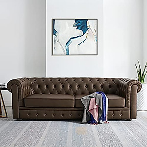 Modern Victorian Couch BIGMAII Beige Faux Leather Chesterfield Upholstered Sofa Button Desgin Rolled Arm 4 Seater Couches for Living Room - 87" L