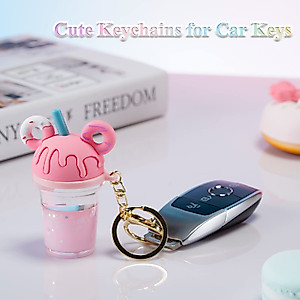 YOU WIZV Liquid Keychain, Kawaii Cute Donut Charms for Backpacks, Aesthetic Bubble Tea Boba Water Keychain for Girls, Kids,Women, Daughters, Boys（Pink Keychain）