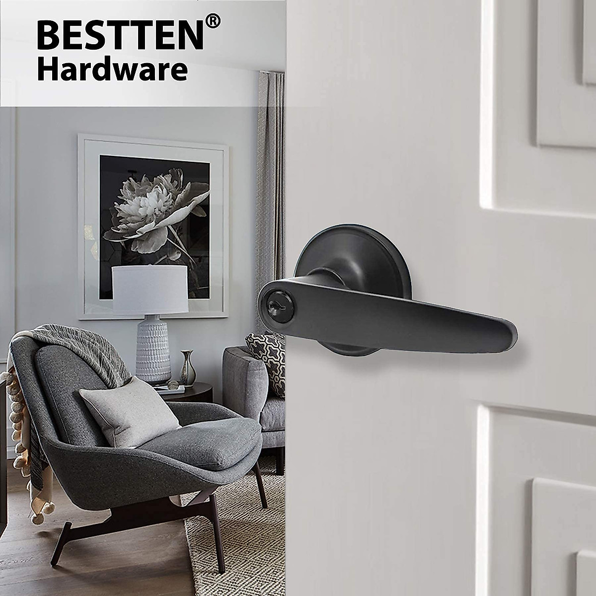 BESTTEN Roma Series Keyed Entry Door Lever with Removable Latch Plate,All Metal Door Handle with Lock and Key, Matte Black