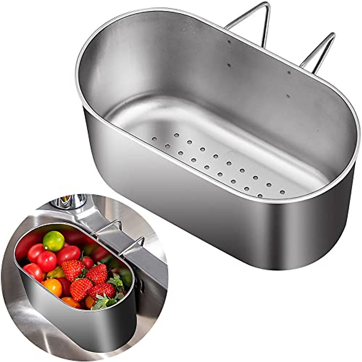 Stainless Steel Sink Drain Strainer Basket, Multifunctional Hanging Sink Strainer Colander Drain Basket for Filter Food Waste and Wash Fruits or Vegetables (Silver)