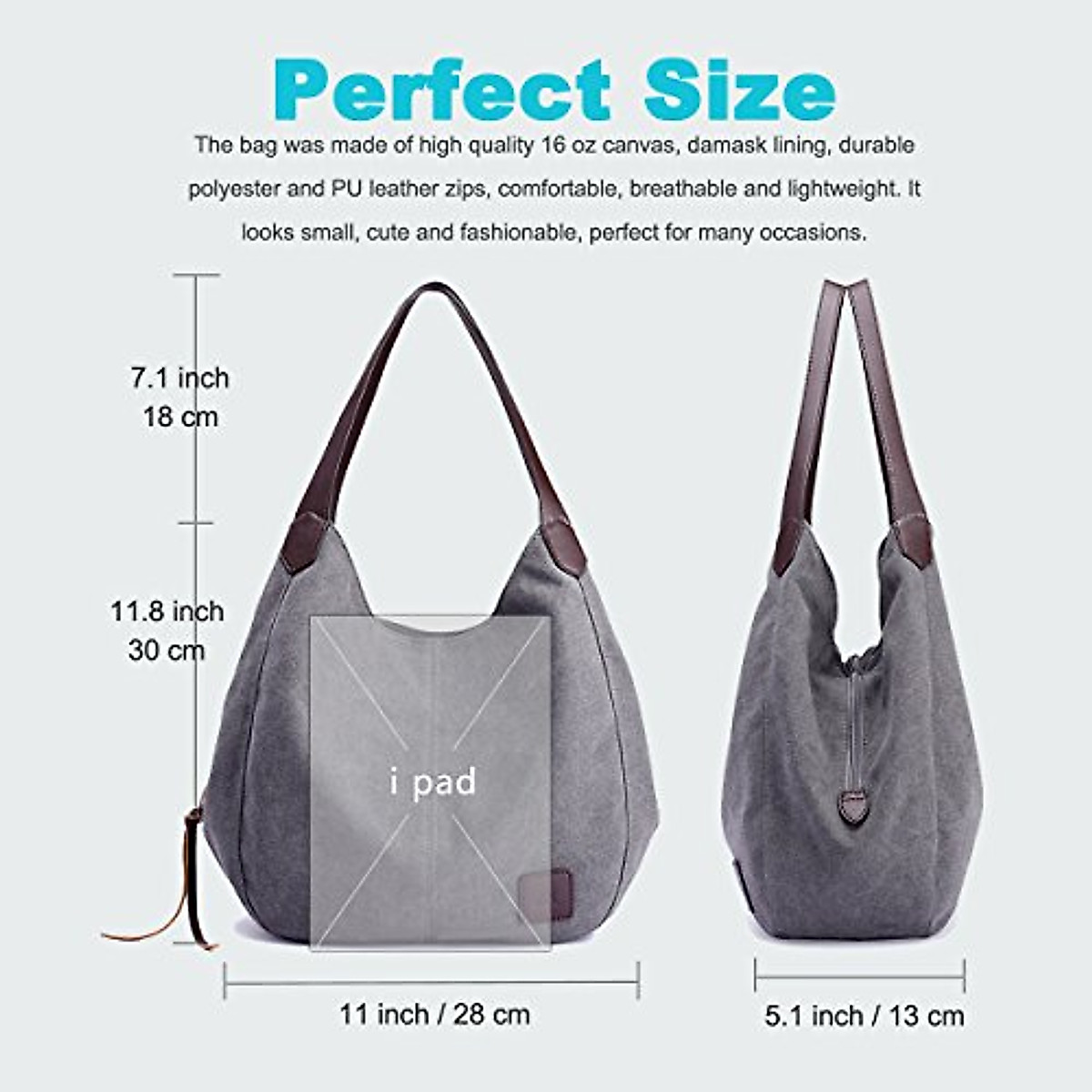 DOURR Women's Multi-pocket Shoulder Bag Fashion Cotton Canvas Handbag Tote Purse (Gray - Medium Size)