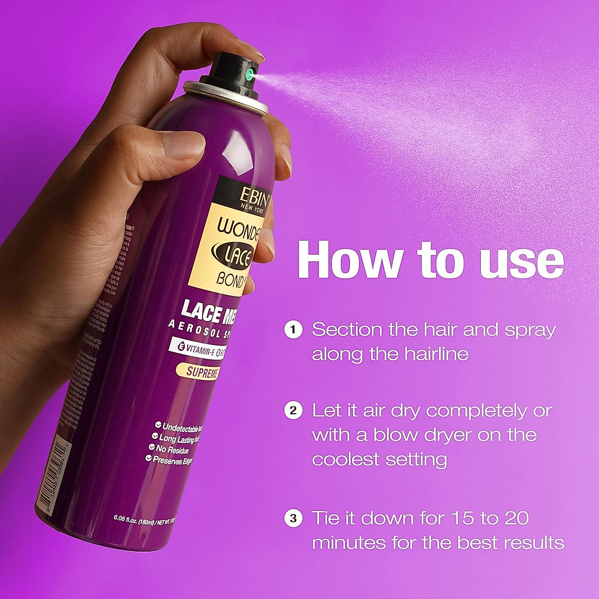 EBIN NEW YORK Wonder Lace Melt Aerosol Spray | Preserves Edges & Undetectable Lace | Long lasting hold | No Residue | Vitamin E + Biotin Infused (180ml./ 6.08oz)