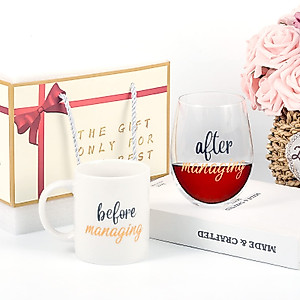 Gifts for Women, Before Managing, After Managing 11 oz Coffee Mug and 18 oz Stemless Wine Glass Set, Unique Boss Lady Appreciation Gifts for Women, Her, Mom, Coworker, Manager, Teacher, Boss