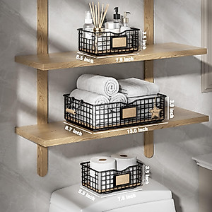 Qcold Bathroom Organizers and Storage, 3 Pack Storage Baskets for Shelves, Multipurpose Closet Storage Bins with Wooden Handle, Decor Organizer Basket Set for Bathroom, Laundry, Living Room - Black