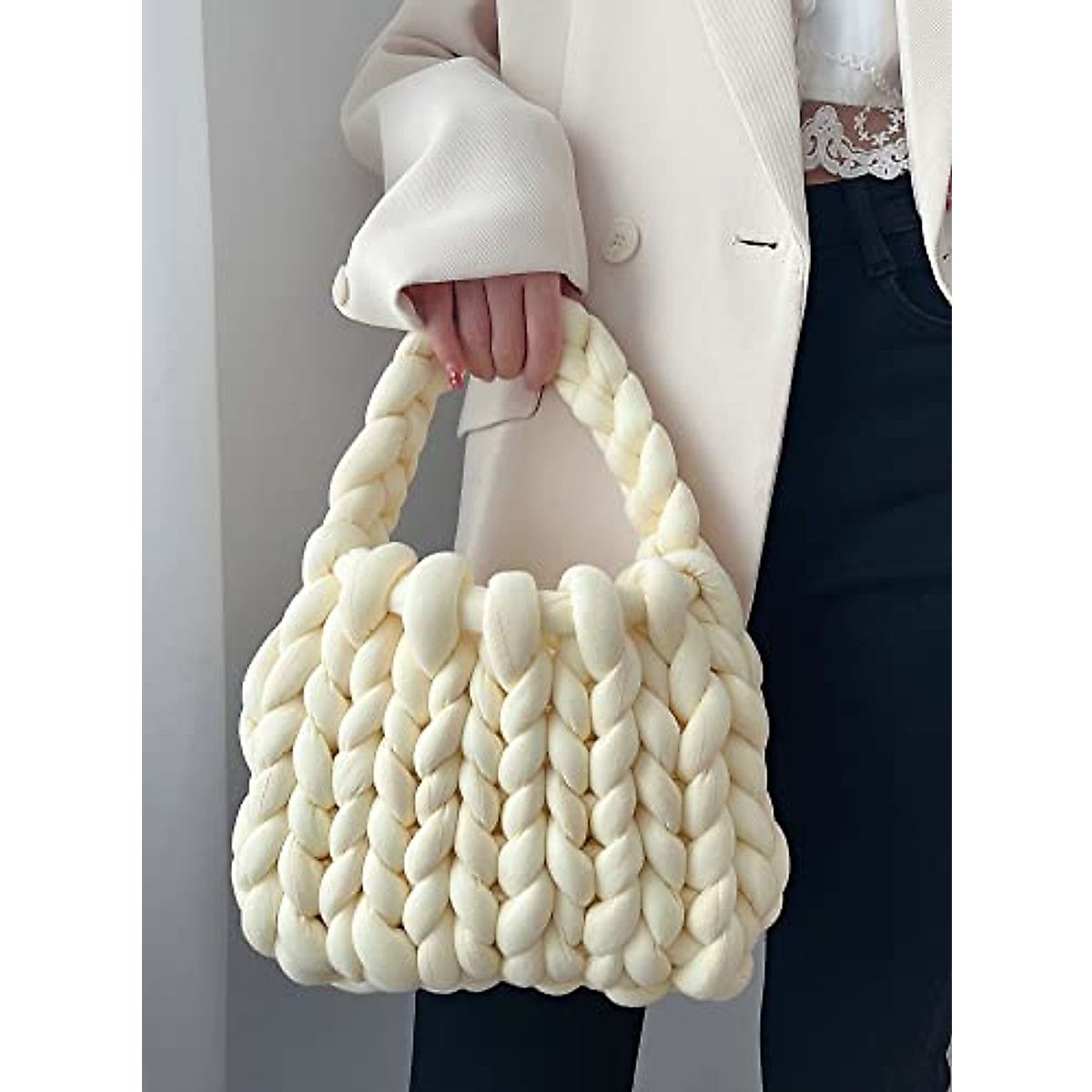 Women's Knit Clutch Bag Handmade Woven Knit Satchel Purse Handbag Shoulder Solid Color Bag