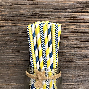 Outside the Box Papers Yellow and Navy Blue Chevron and Stripe Paper Straws 7.75 Inches- 100 Navy Blue, Yellow