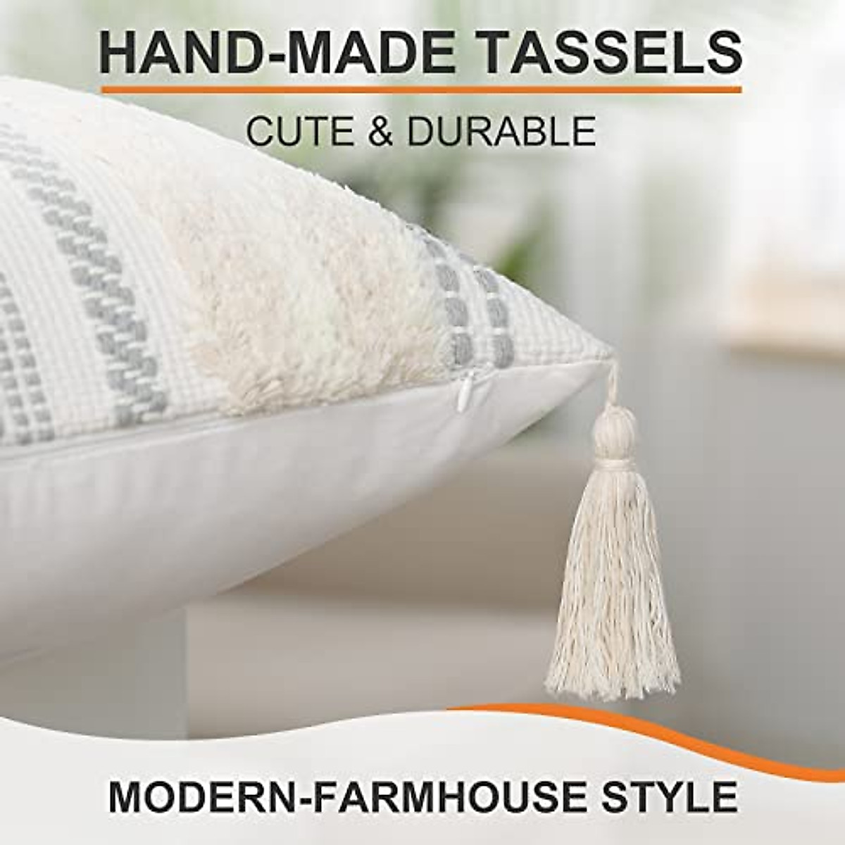 decorUhome Set of 2 Boho Decorative Throw Pillow Covers for Bed Bedroom Neutral Accent Cushion Cover Grey Tufted Woven Pillow Case, 18x18, Beige and White