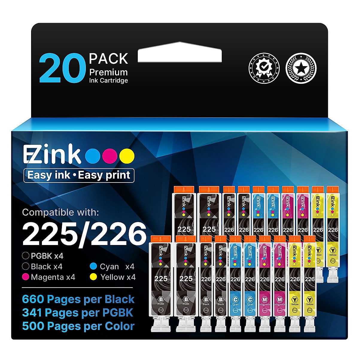 E-Z Ink (TM) Compatible Ink Cartridge Replacement for Canon PGI-225 CLI-226 PGI225 CLI226 to use with MG6220 MG6120 MG5320 MX882 MX892 (4 Large Black, 4 Cyan, 4 Magenta, 4 Yellow, 4 Small Black)20Pack