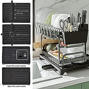 Hovshelf Dish Racks for Kitchen Counter, Dish Drying Rack with Drainboard, 2 Tier Dish Drainers for Kitchen Counter(Black)