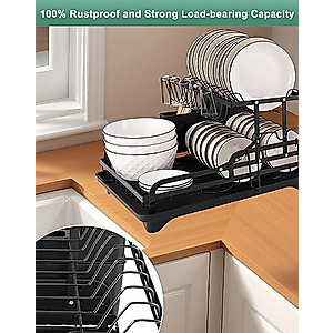 YUSHINDI 2 Tier Collapsible Dish Drying Rack for Kitchen Counter，Stainless Steel Dish Racks ，Space-Saving & Multipurpose，Dish Rack for Kitchen Counter with Utensil Holder,， Large-Capacity, Black