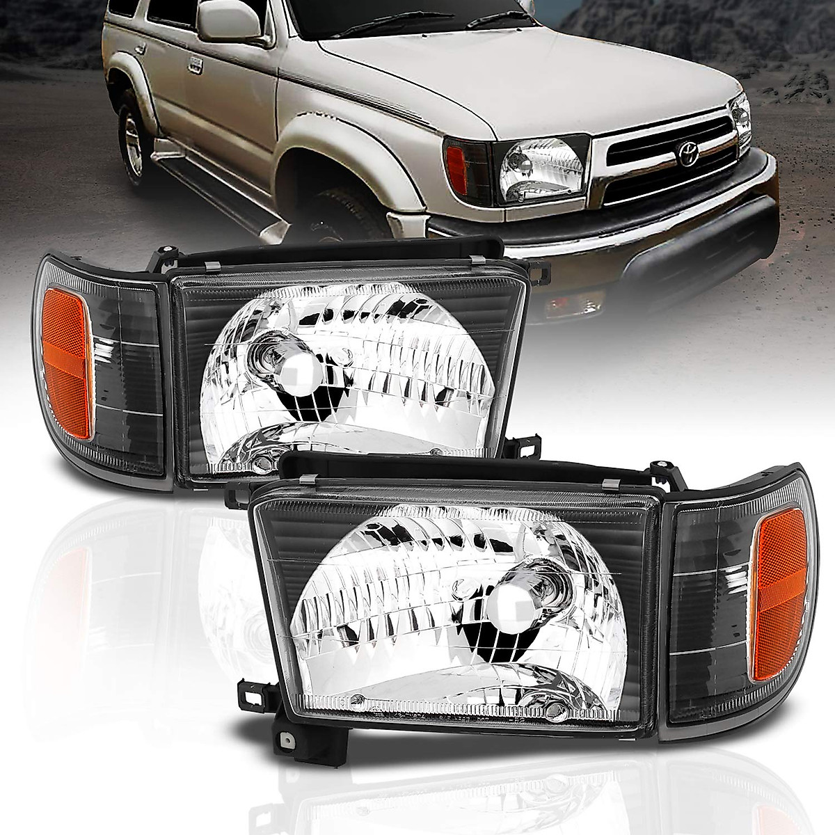 AmeriLite Replacement Halogen Headlights With Corner Lamp + Bracket For 1996-1998 Toyota 4Runner SUV N180 - Passenger and Driver Side, Vehicle Light Assembly, Black